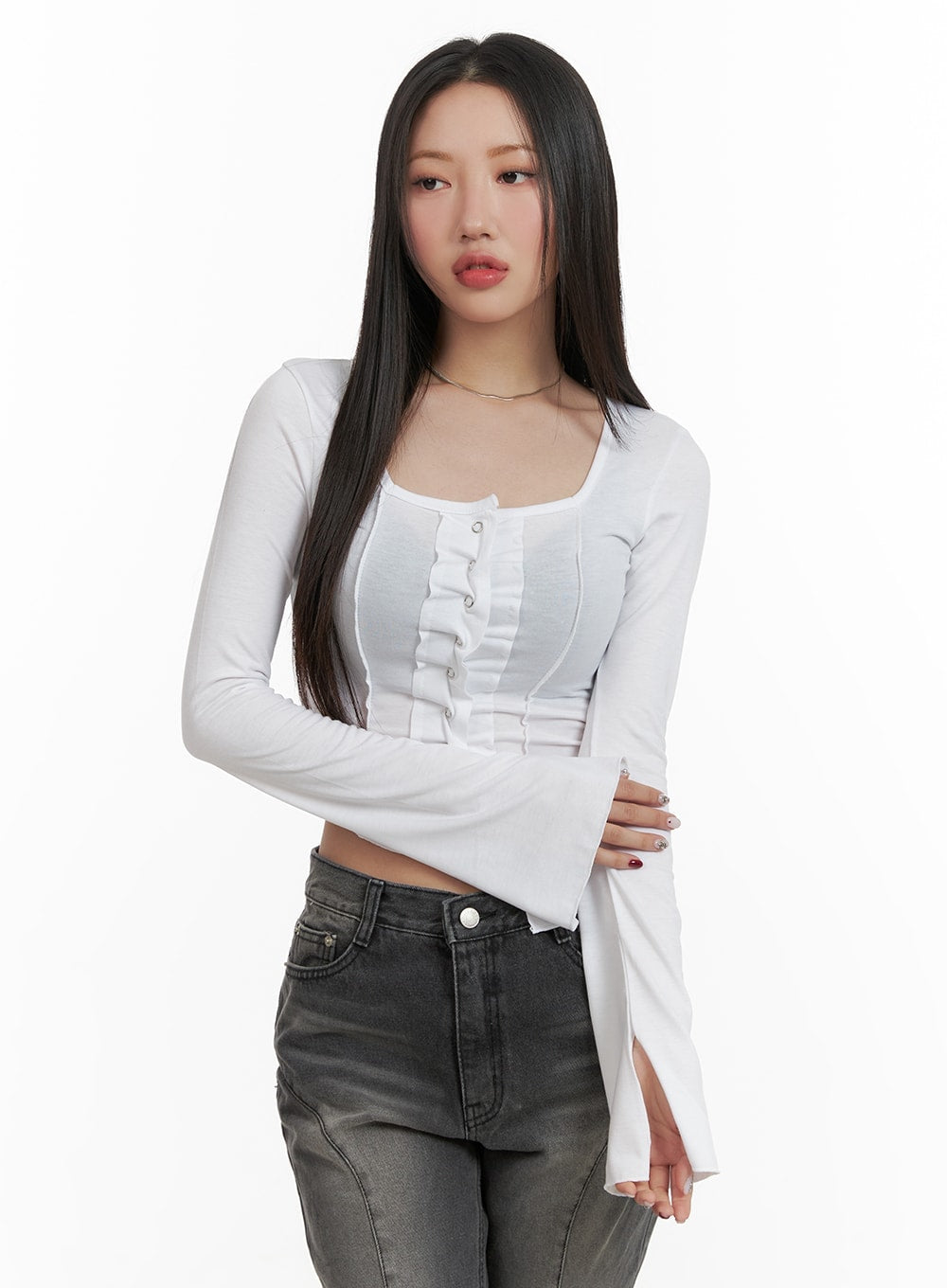 Buttoned Square Neck Crop Top CA415 - Korean Women's Fashion | LEWKIN